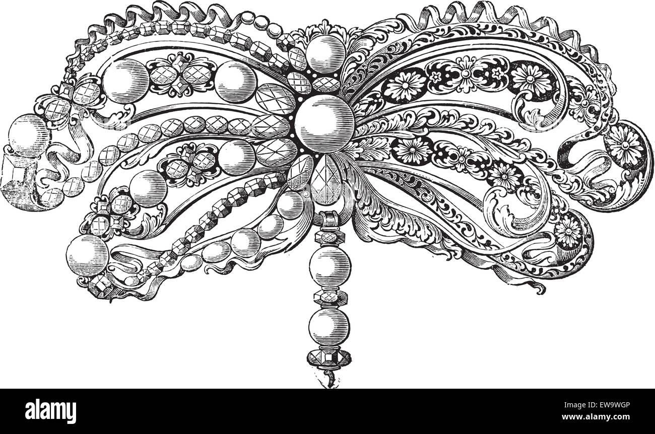 Old engraved illustration of enamelled Brooch embellished with pearls ...