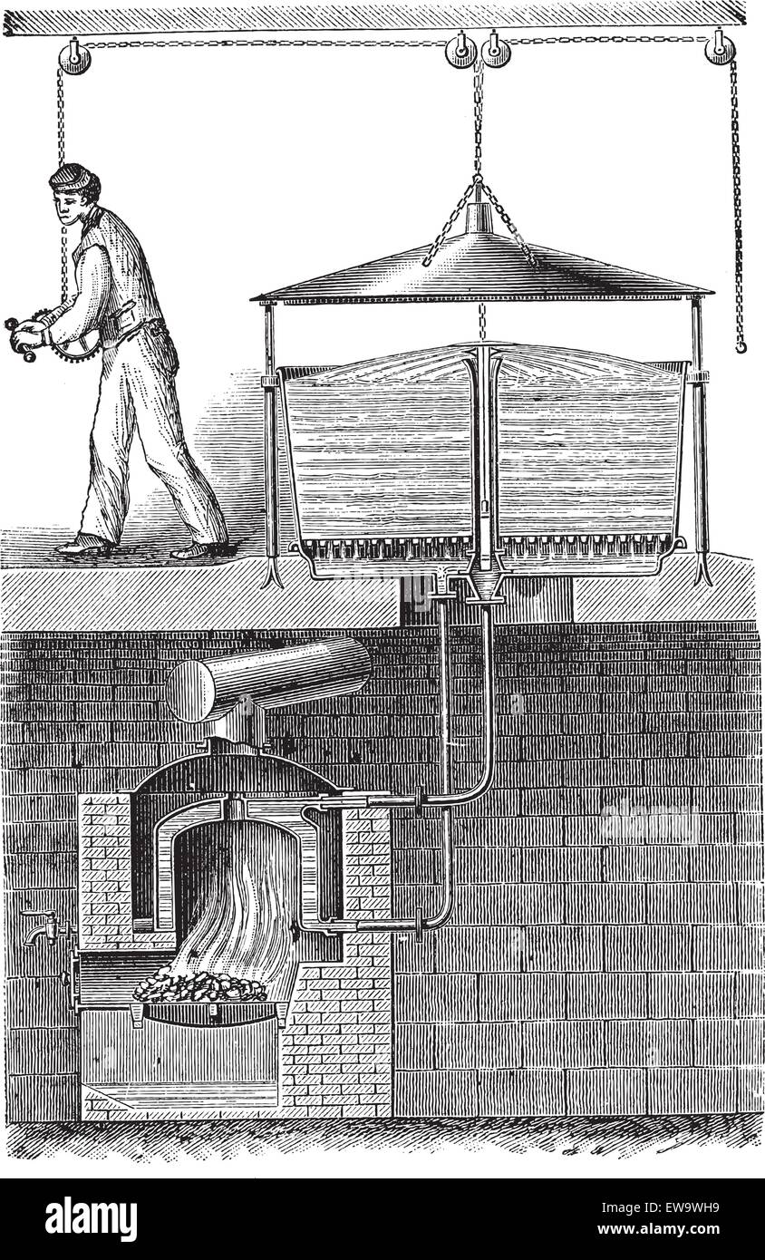 Old engraved illustration of fixed washing machine with detergent ...