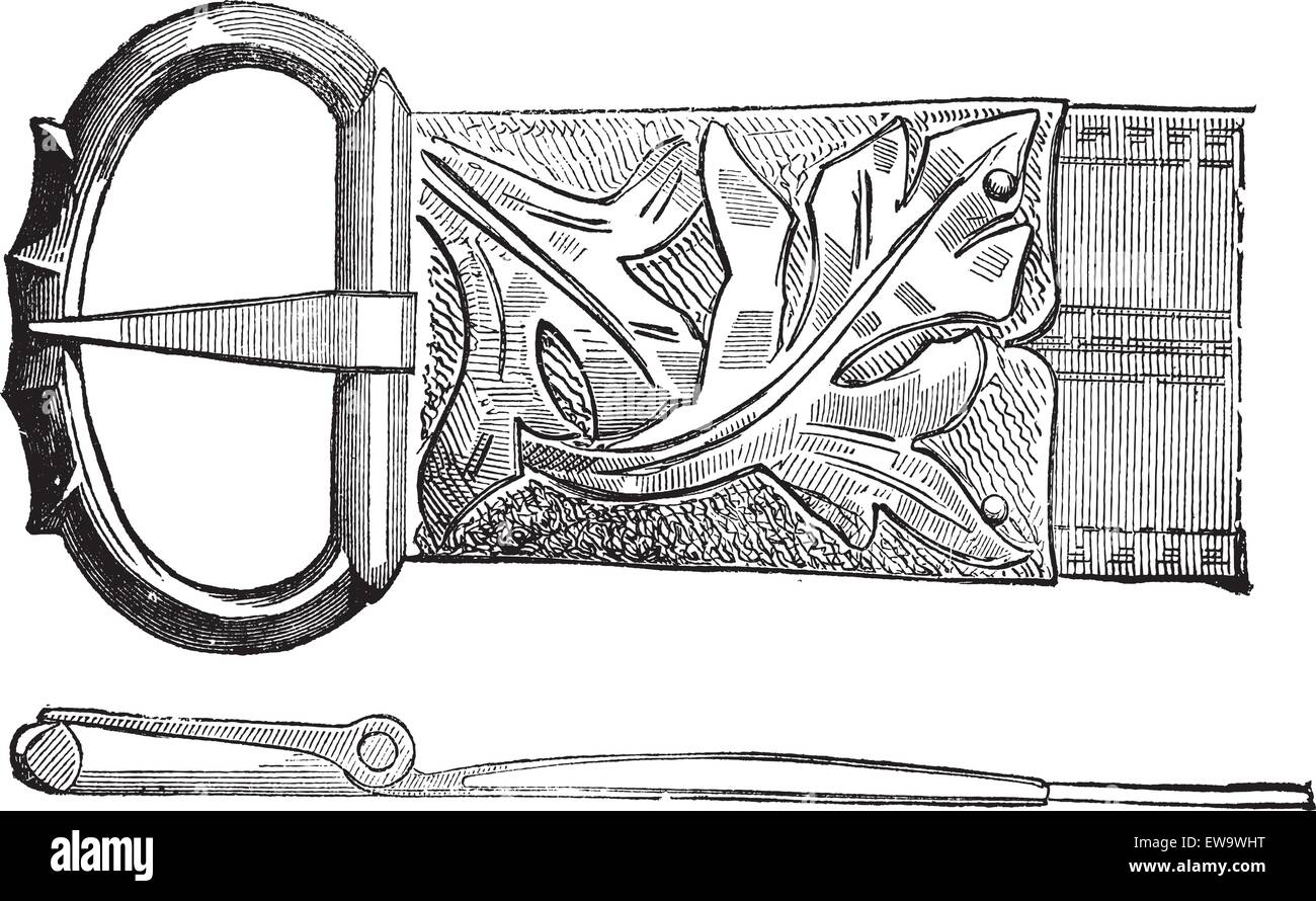 Old engraved illustration of belt buckle of fifteenth century isolated ...