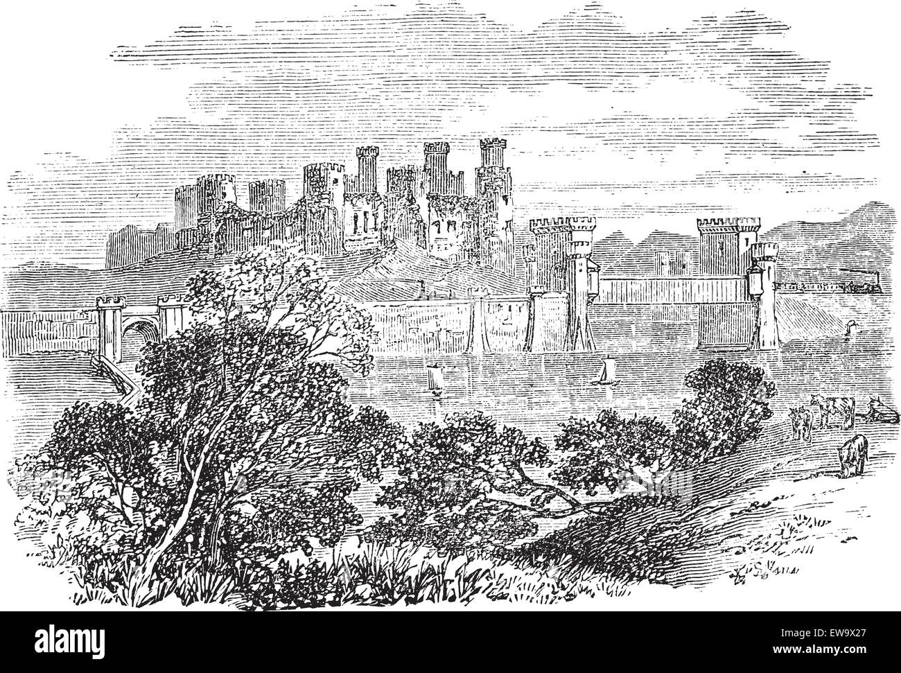 Old engraved illustration of Conway Castle, in North Wales. Build by ...