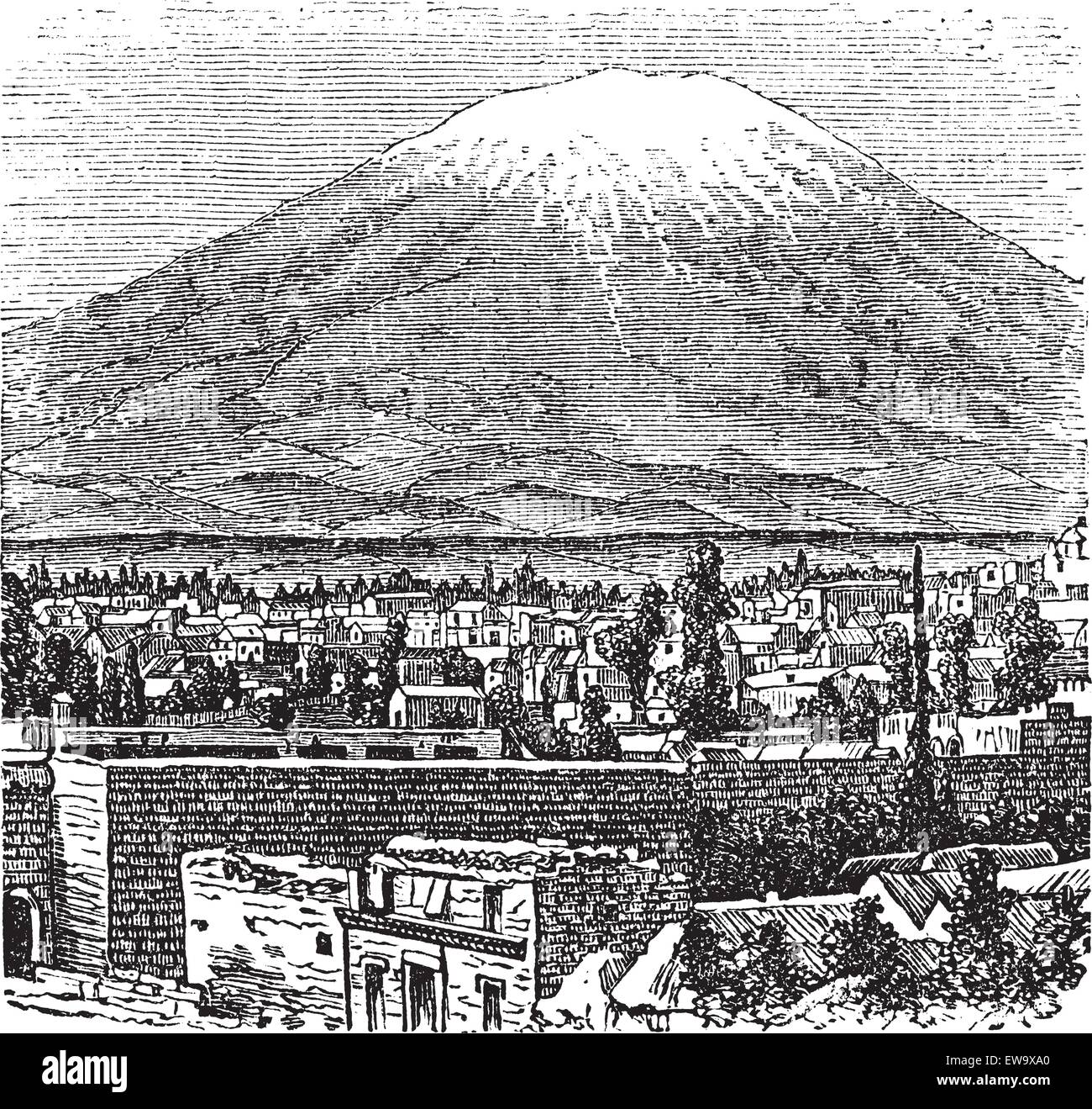 Arequipa and the Misti volcano old engraving, in 1890. Old engraved ...
