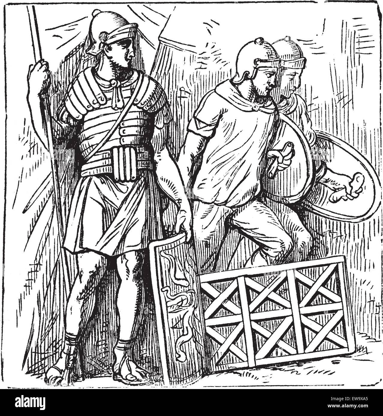 Roman armors and shield old engraving, based on the Trajan's Column ...