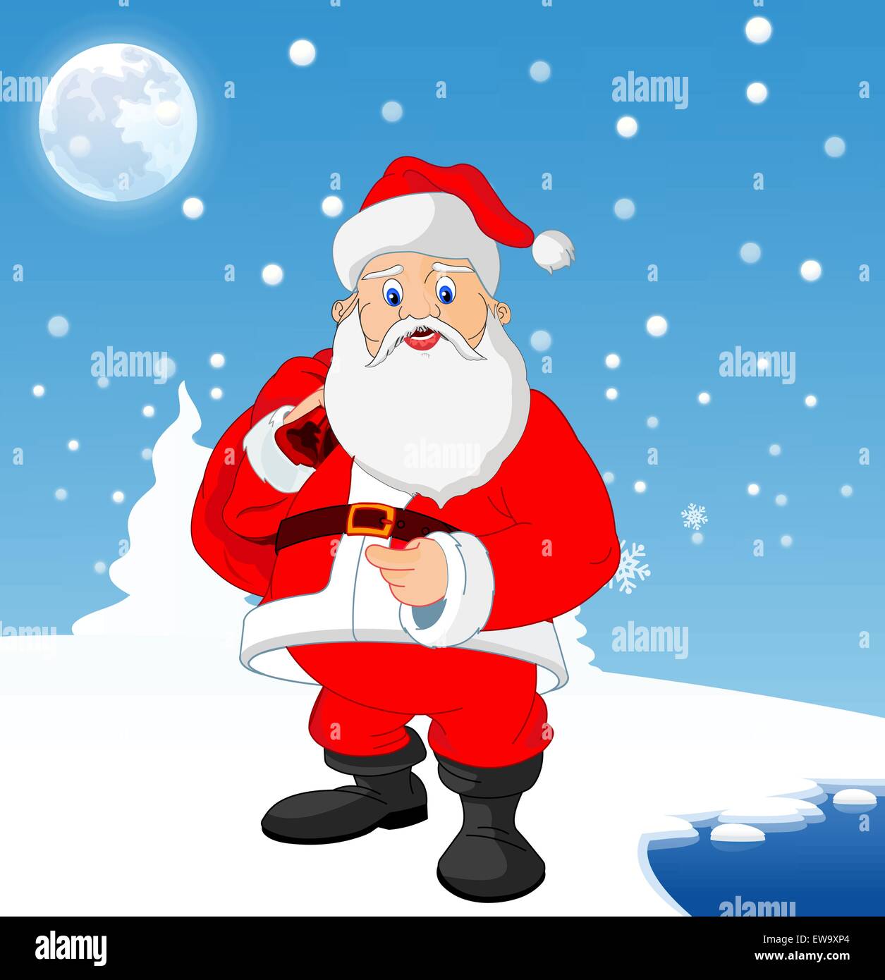 Santa Claus near a frozen lake with blue and white background with snow ...