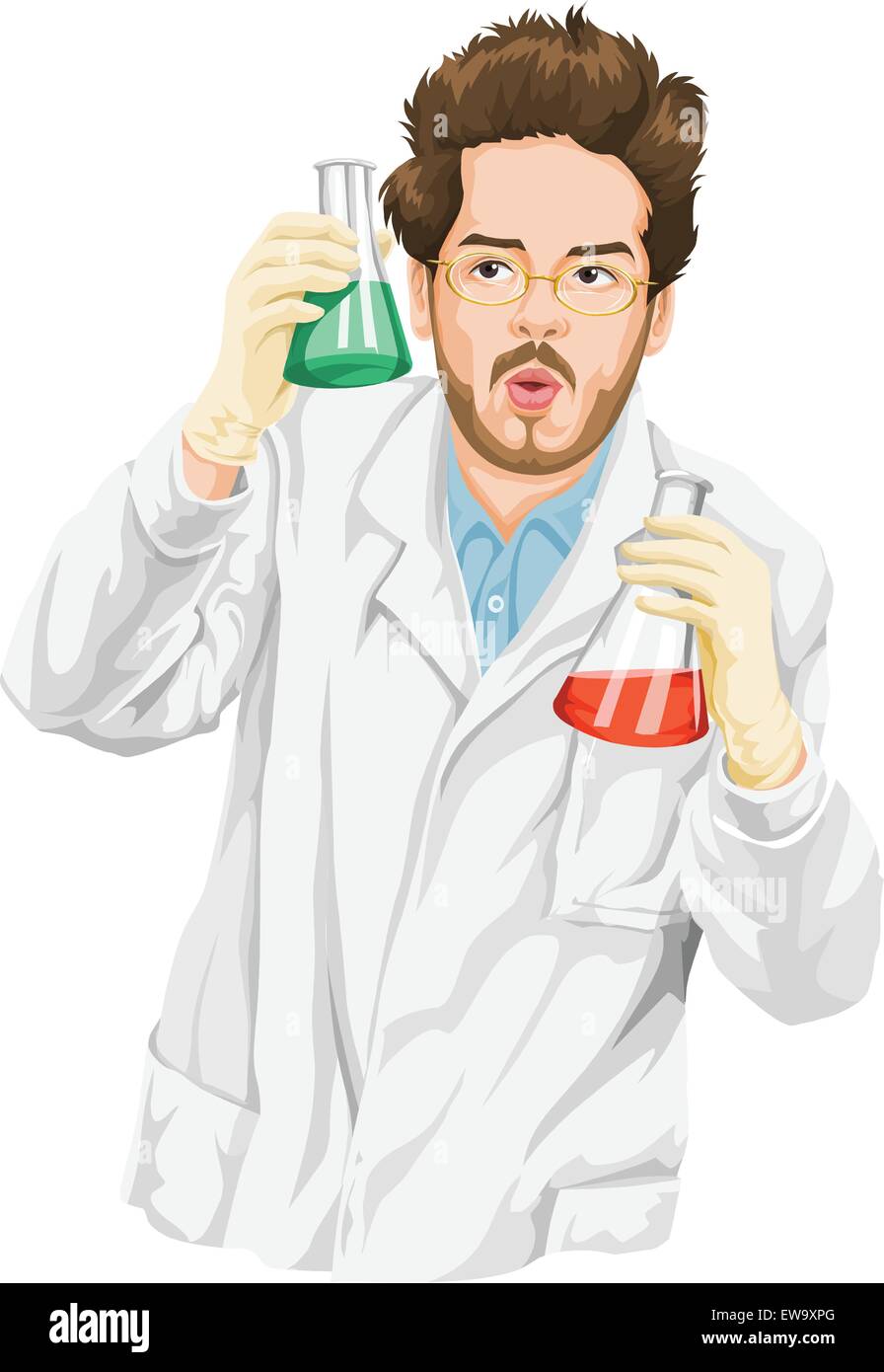Vector illustration of a scientist experimenting with liquid in flasks ...