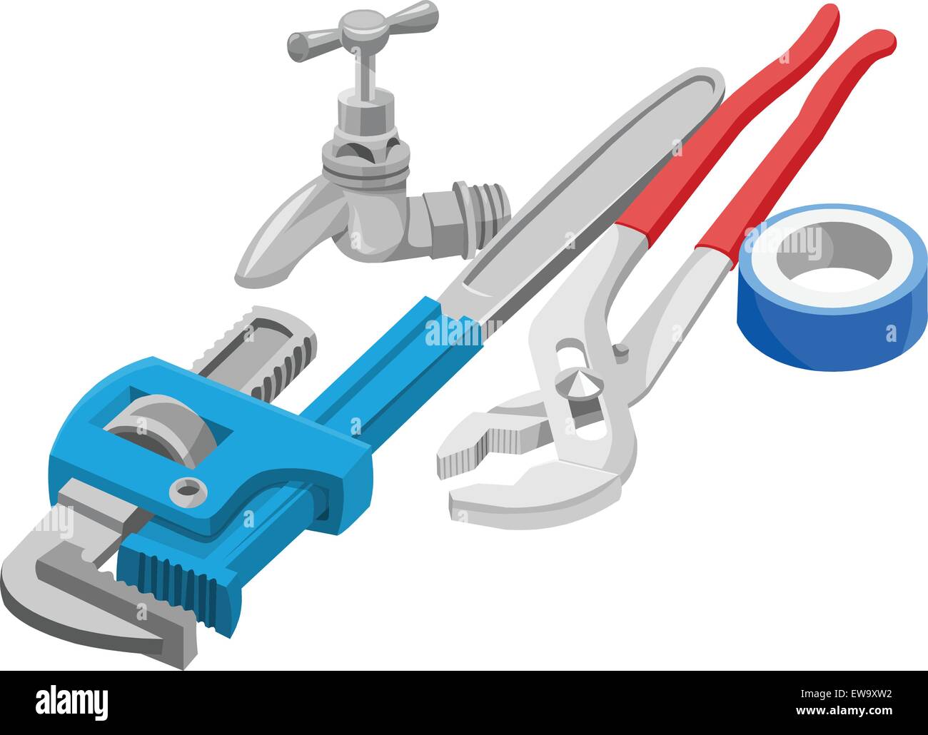 Vector illustration of wrench, tap and adhesive tape on white ...