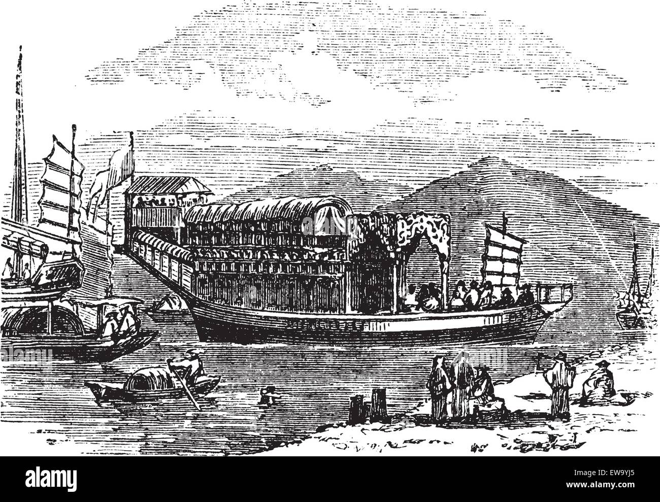 Flower boat, in Canton or Guangzhou, China vintage engraving. Old ...