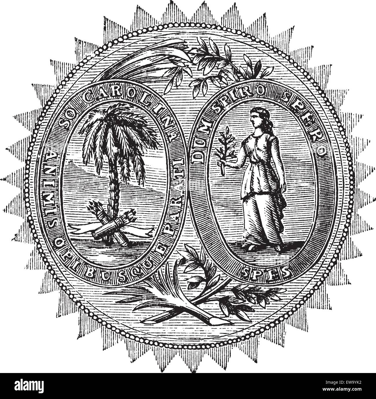 Great seal or hallmark of South Carolina vintage engraving. Old ...