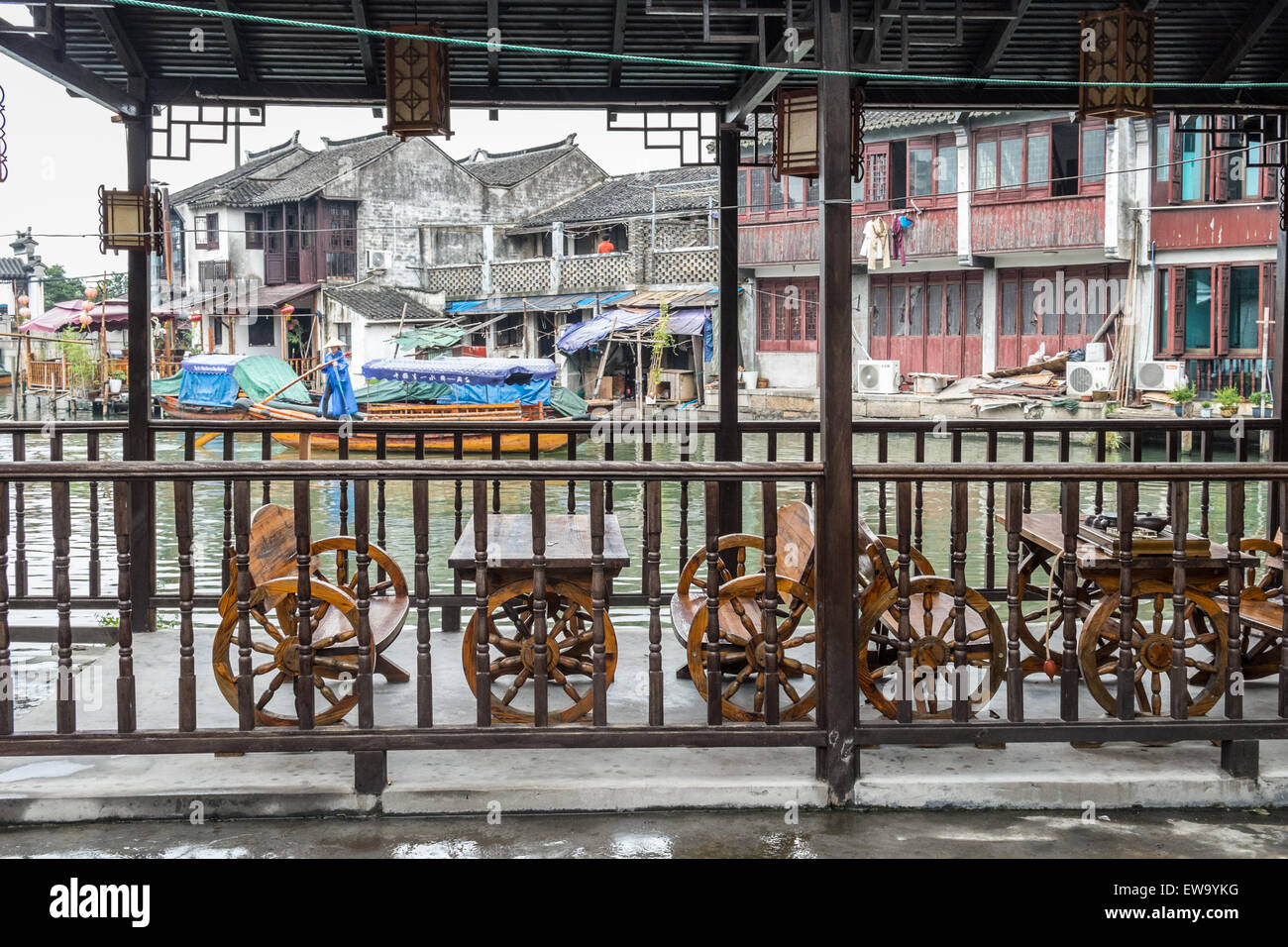 Wooden benches and traditional Chinese houses in the historic scenic ...