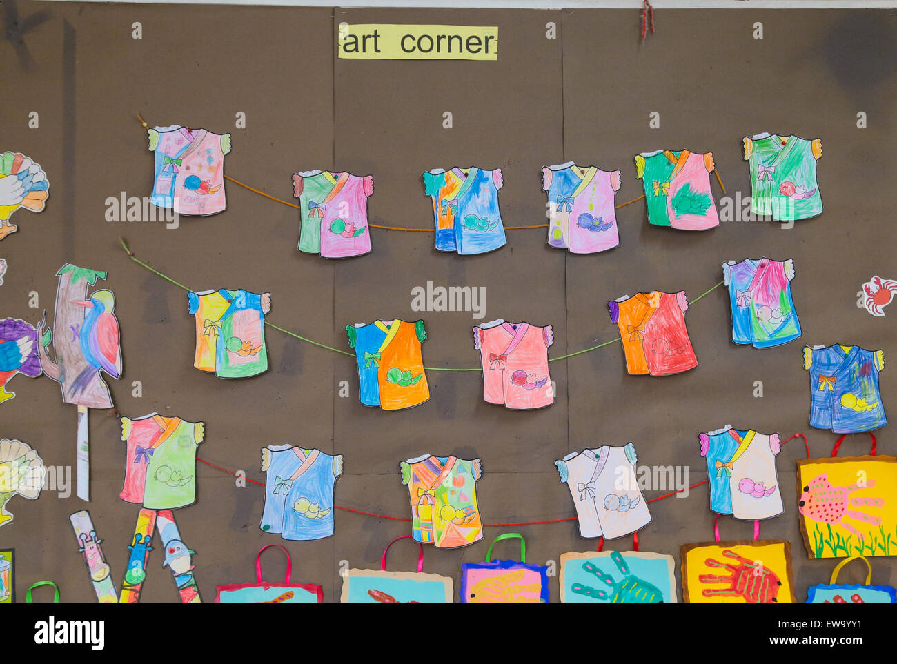 Children handicrafts displayed at kindergarten art and handiwork corner ...