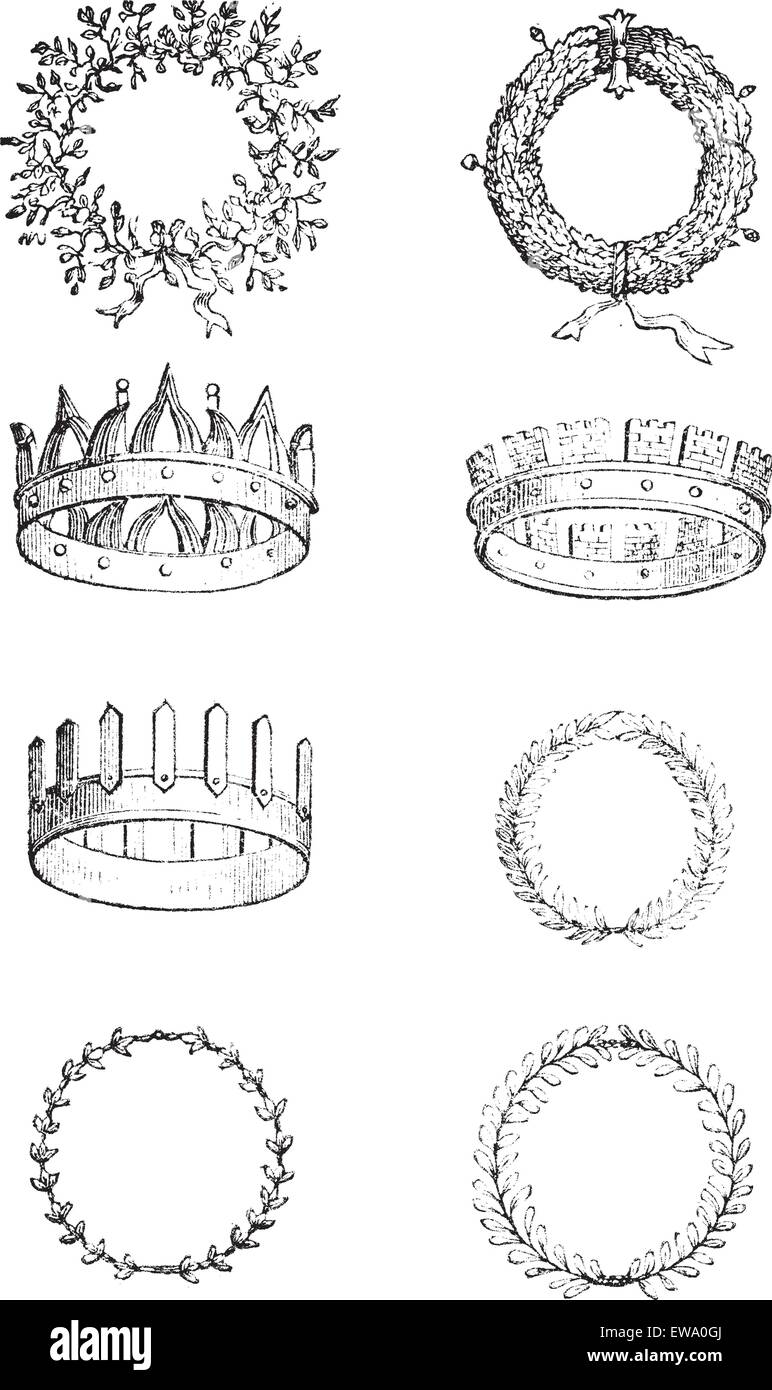 Roman Crowns, vintage engraving. Old engraved illustration of different ...