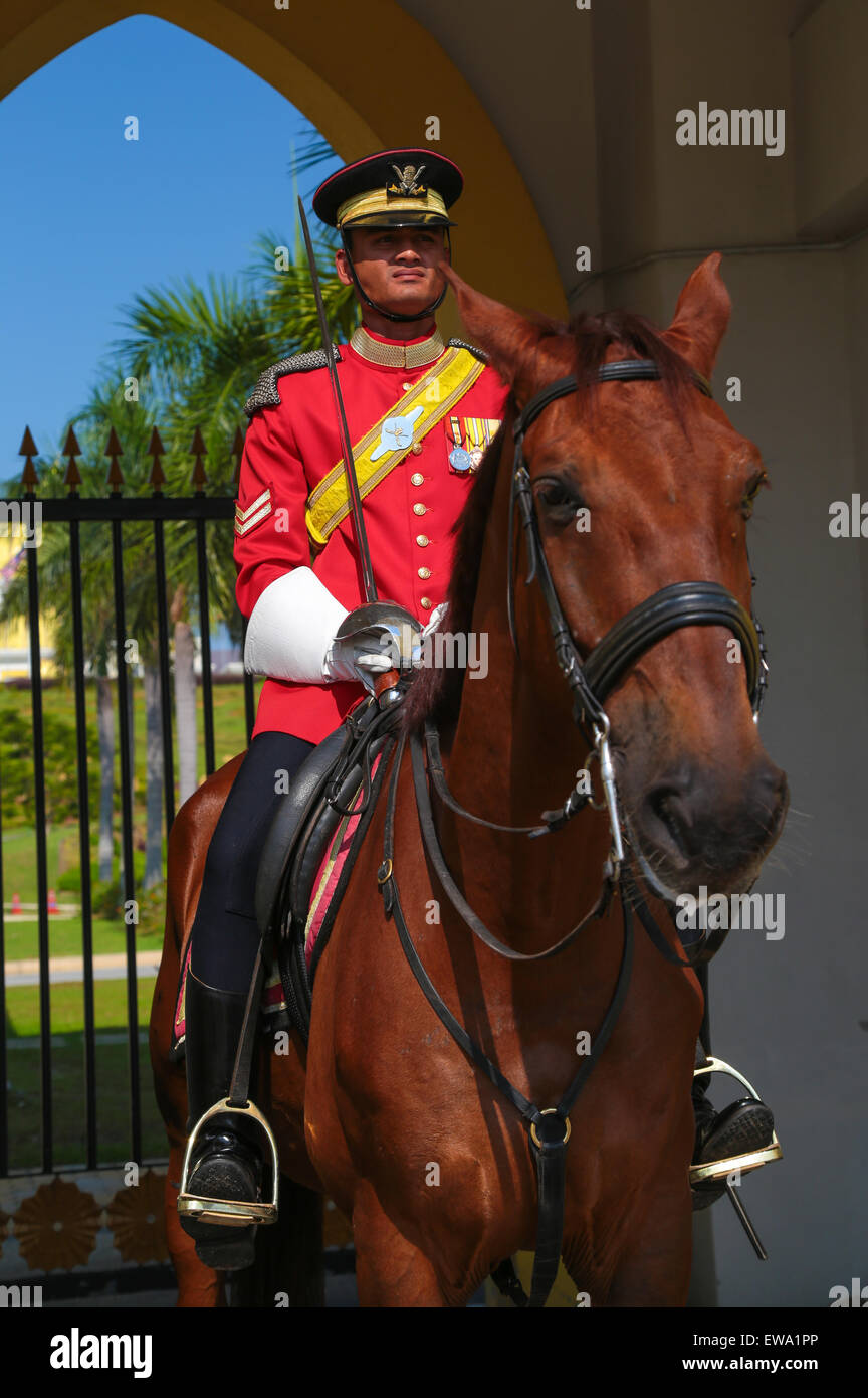 Royal cavalryman standing guard in front the Malaysia new royal palace ...