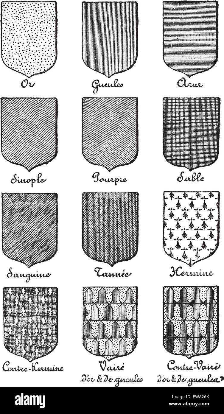 Variety of enterprise enamels used in Heraldry vintage engraving. Old ...