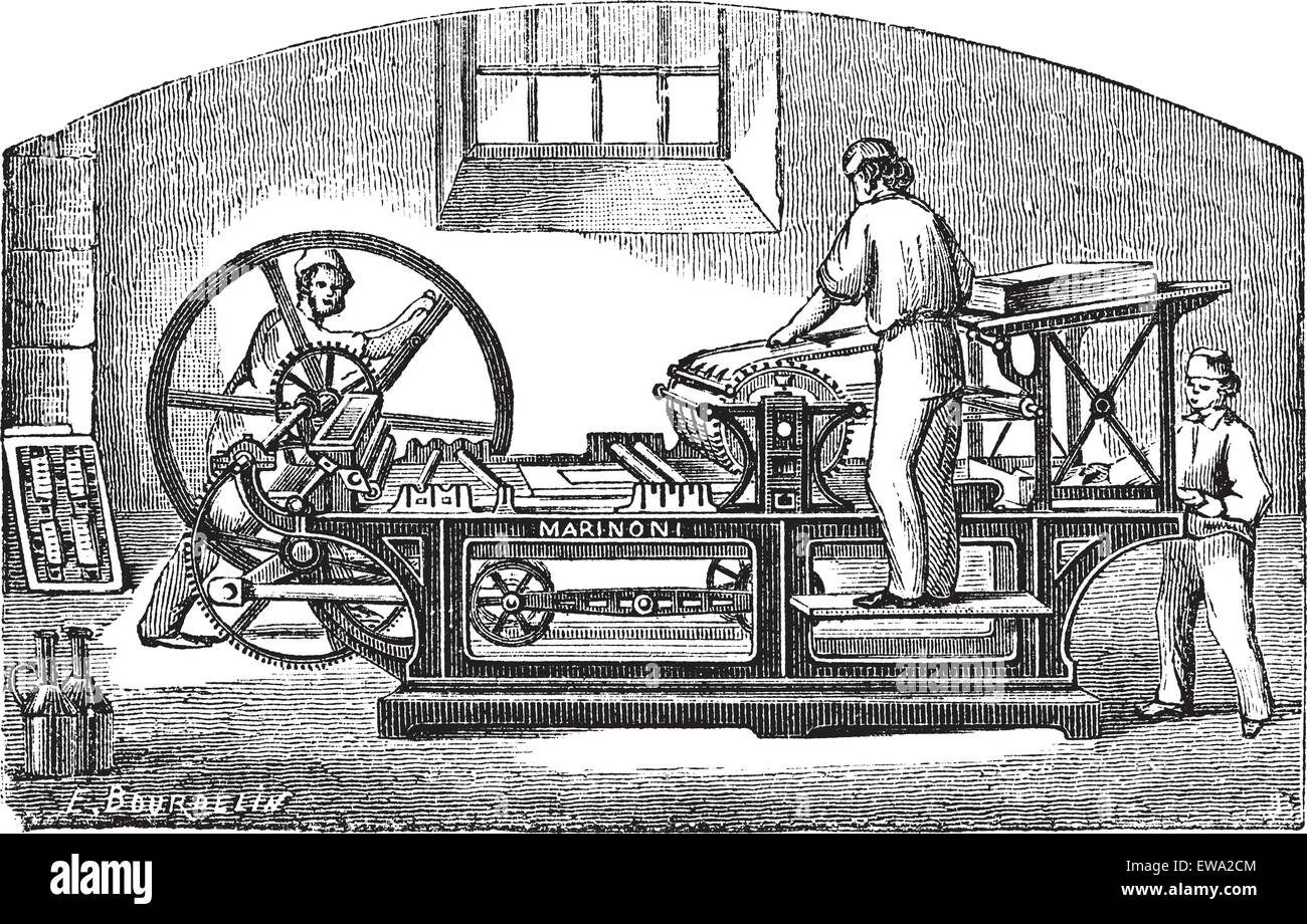 Marinoni printing press, vintage engraving. Old engraved illustration ...
