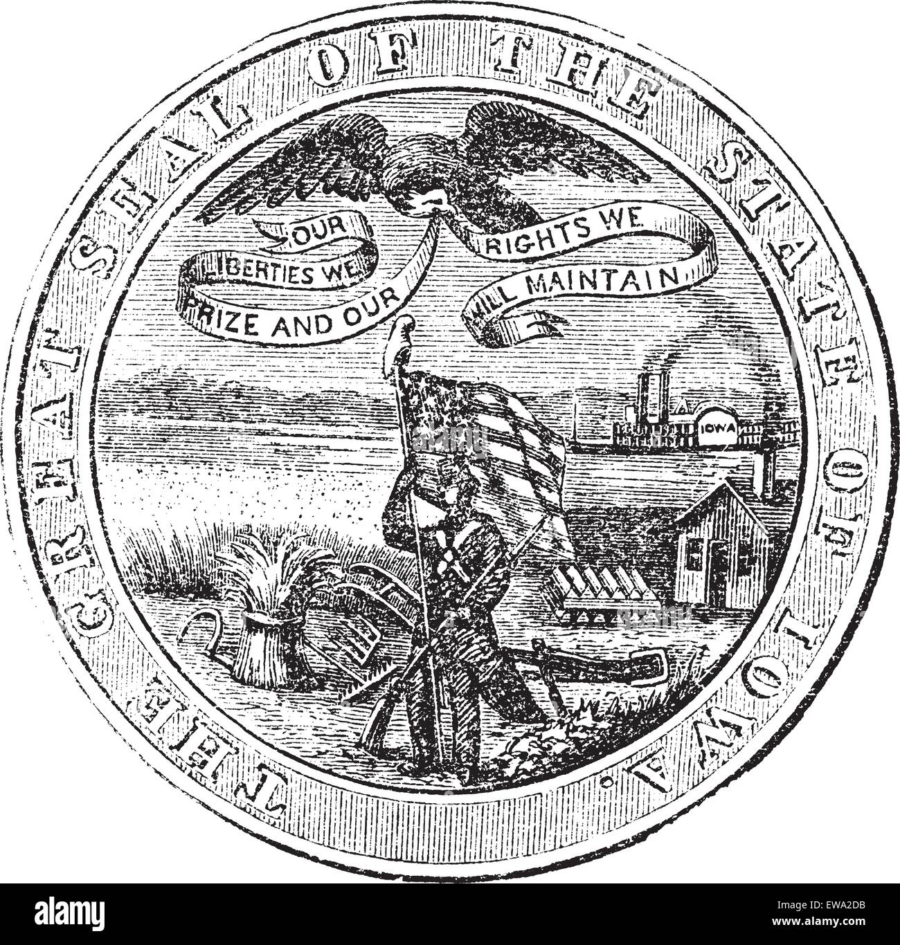Great Seal of the State of Iowa, USA, vintage engraving. Old engraved ...