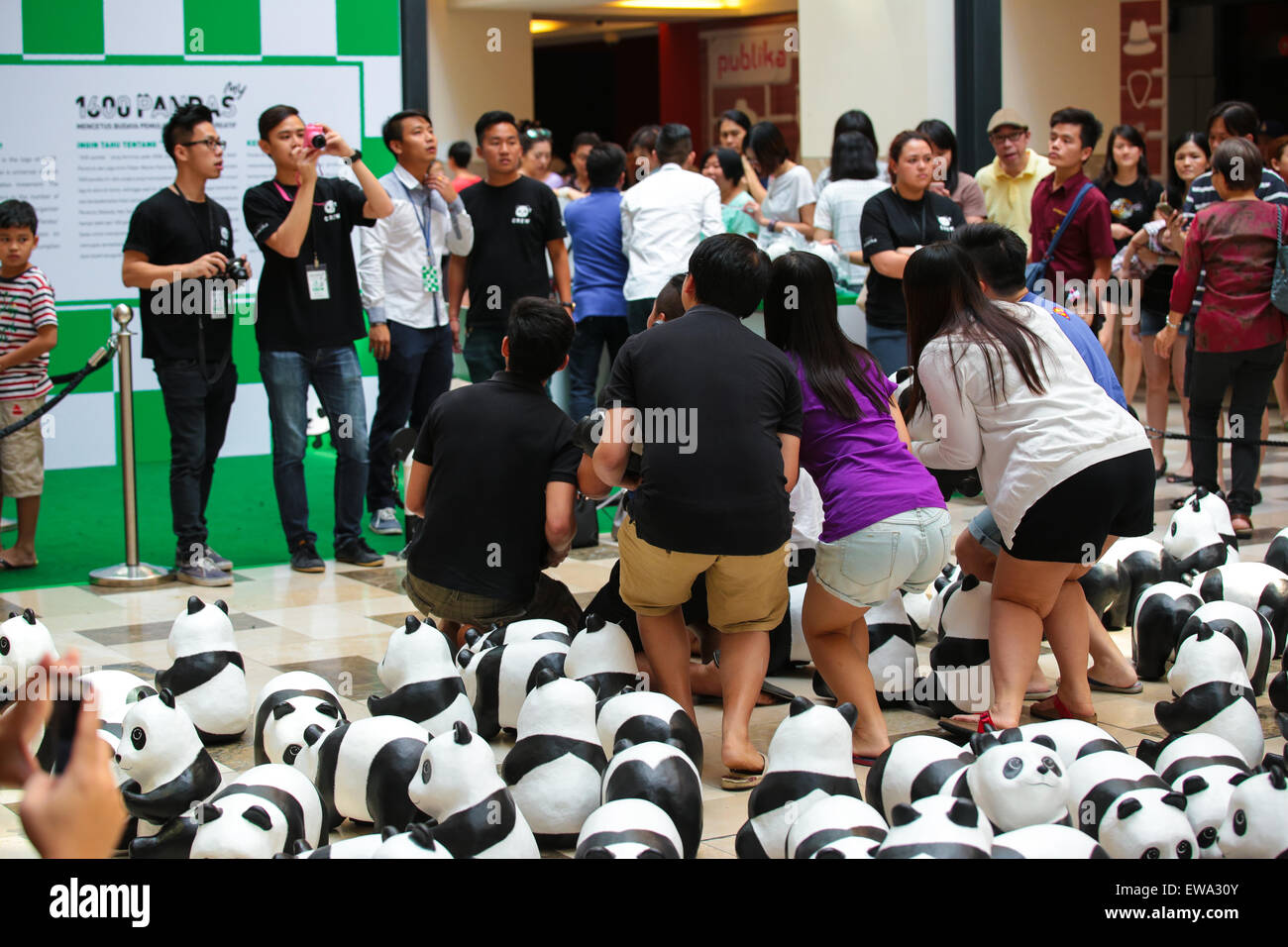 People taking group photo with the mache panda at 1600 Pandas campaign ...