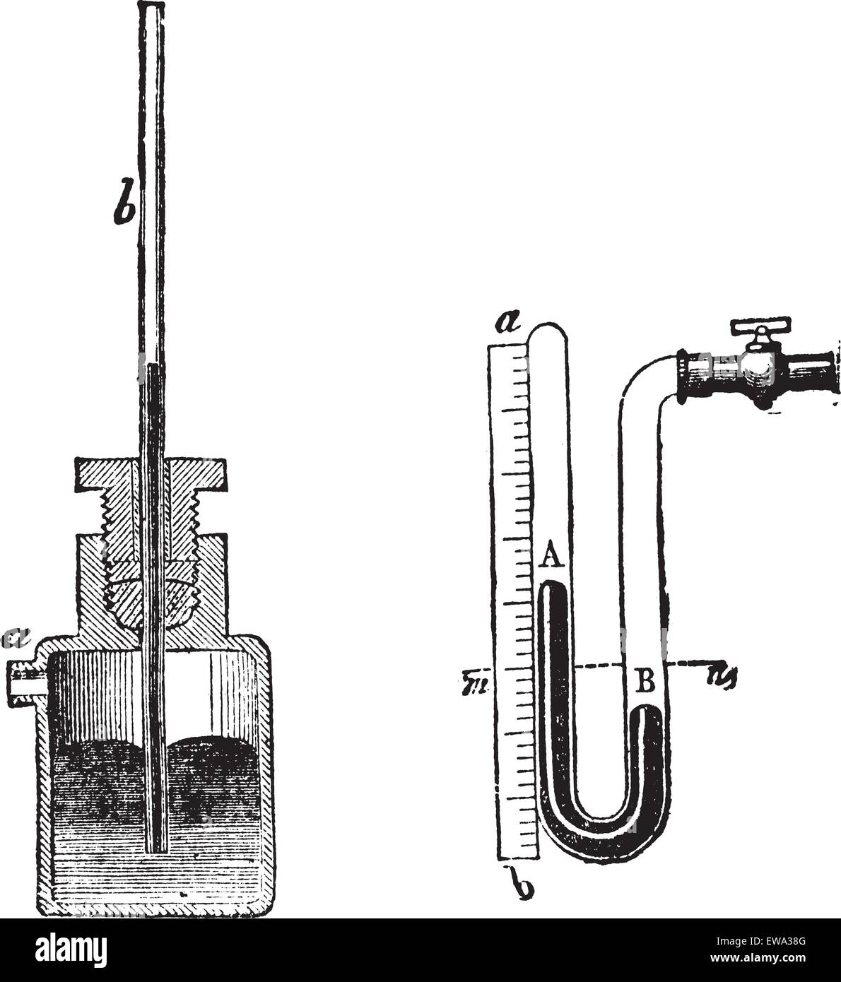 Manometer, vintage engraving. Old engraved illustration of Manometer ...
