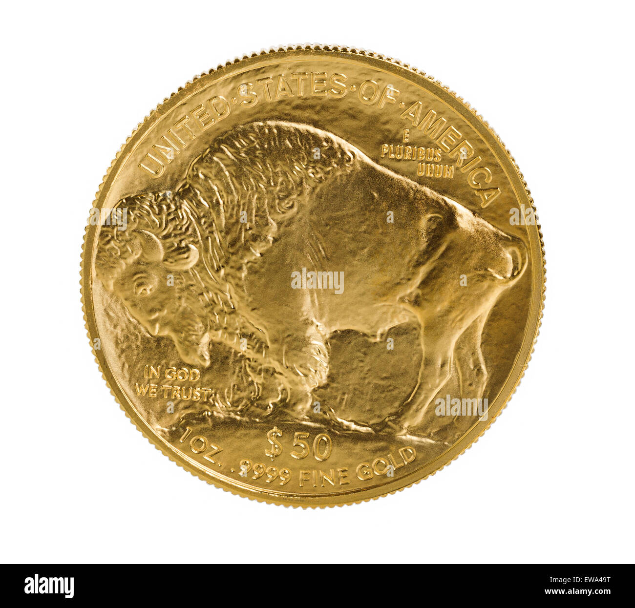 Reverse side of American Gold Buffalo coin, fine gold, isolated on pure ...