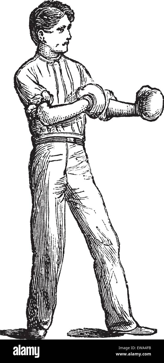 Position of the boxer, vintage engraving. Old engraved illustration of ...