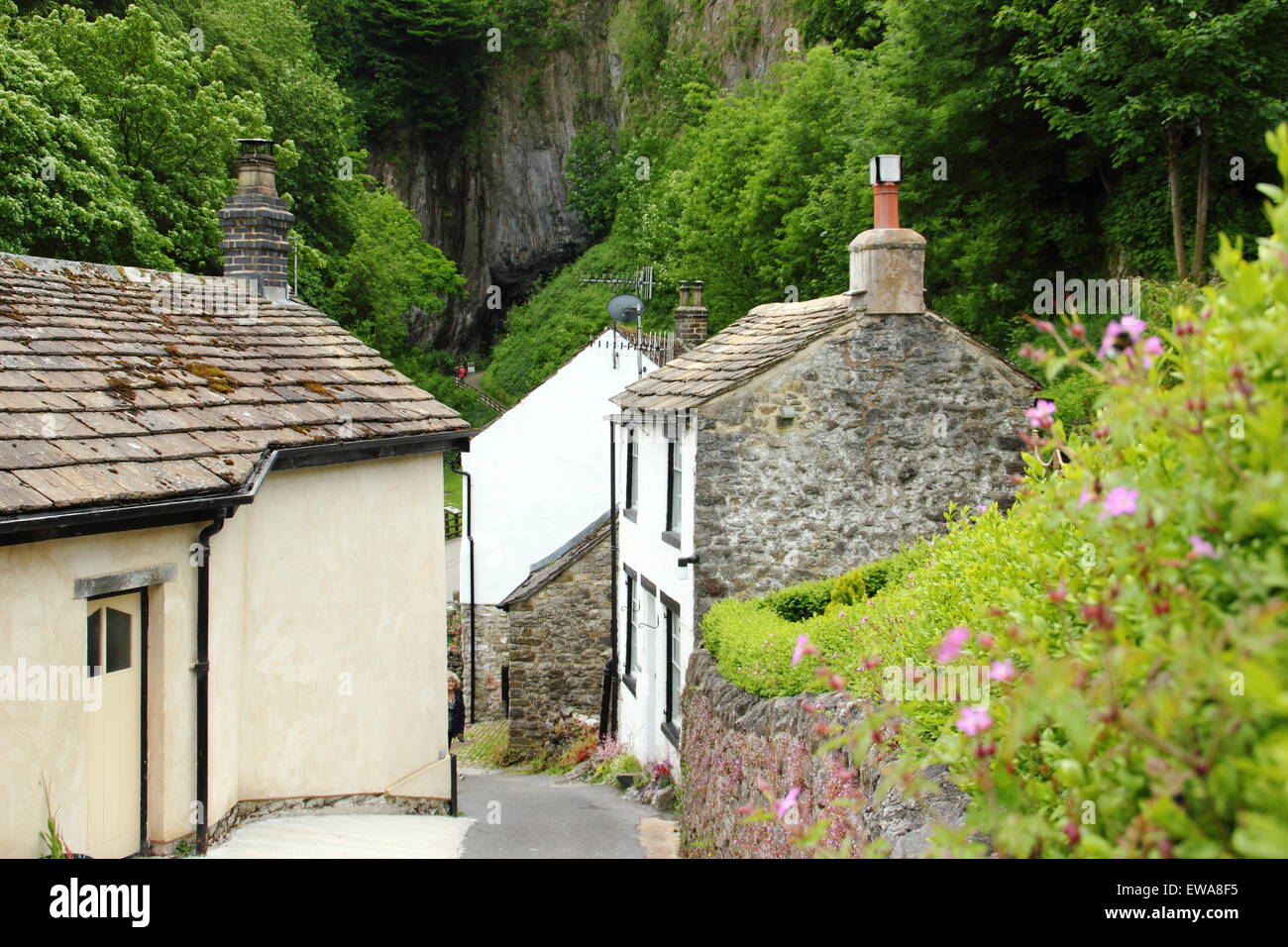 Traditional stone-built cottages line a street overlooking the entrance ...