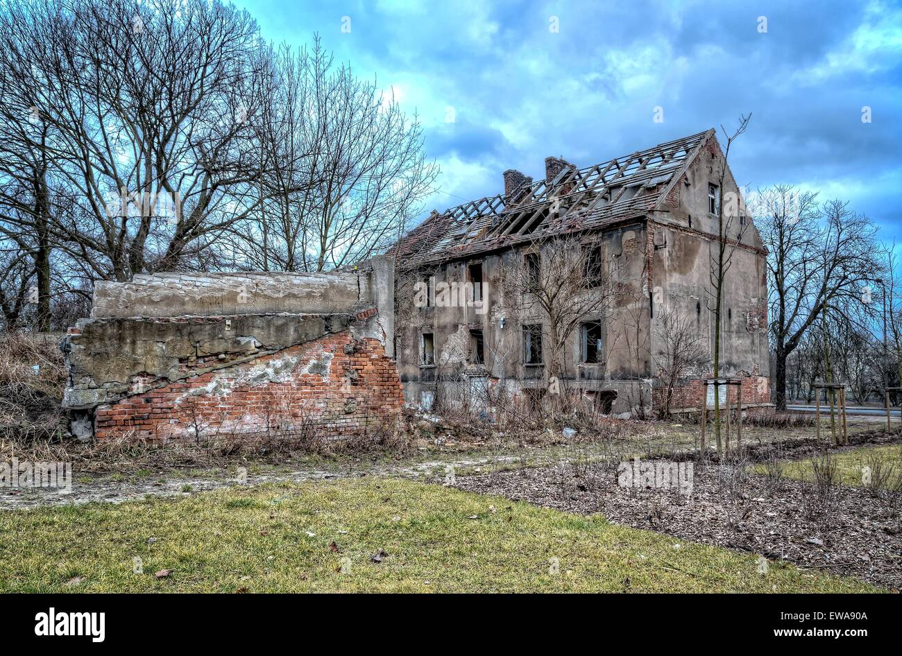 Old ruined building. Left collapsing house, the object falling into ...