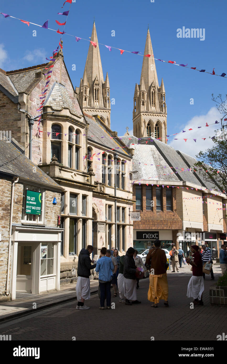 Spires of cathedral rise above historic town centre buildings, Truro ...