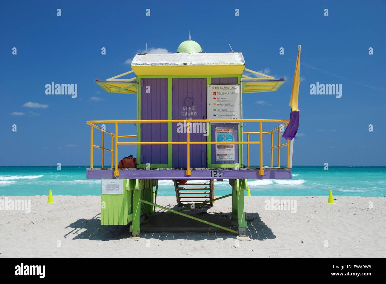 Purple, yellow and green art deco lifeguard station, South Beach, Miami ...