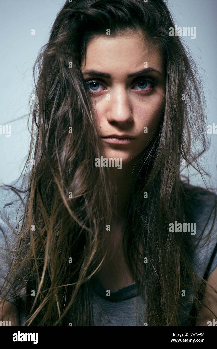 problem depressioned teenage with messed hair and sad face, real Stock ...