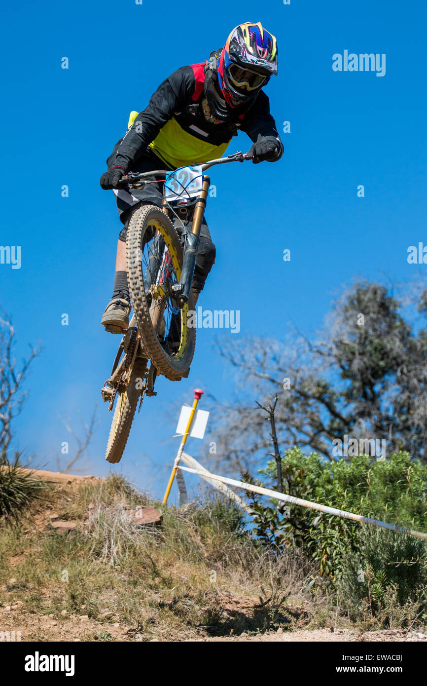 Downhill competition, Biker jumps fast in the countryside Stock Photo ...