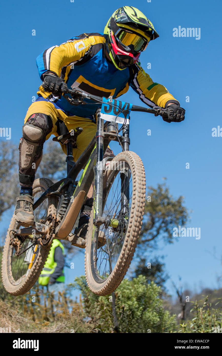 Downhill competition, Biker jumps fast in the countryside Stock Photo ...