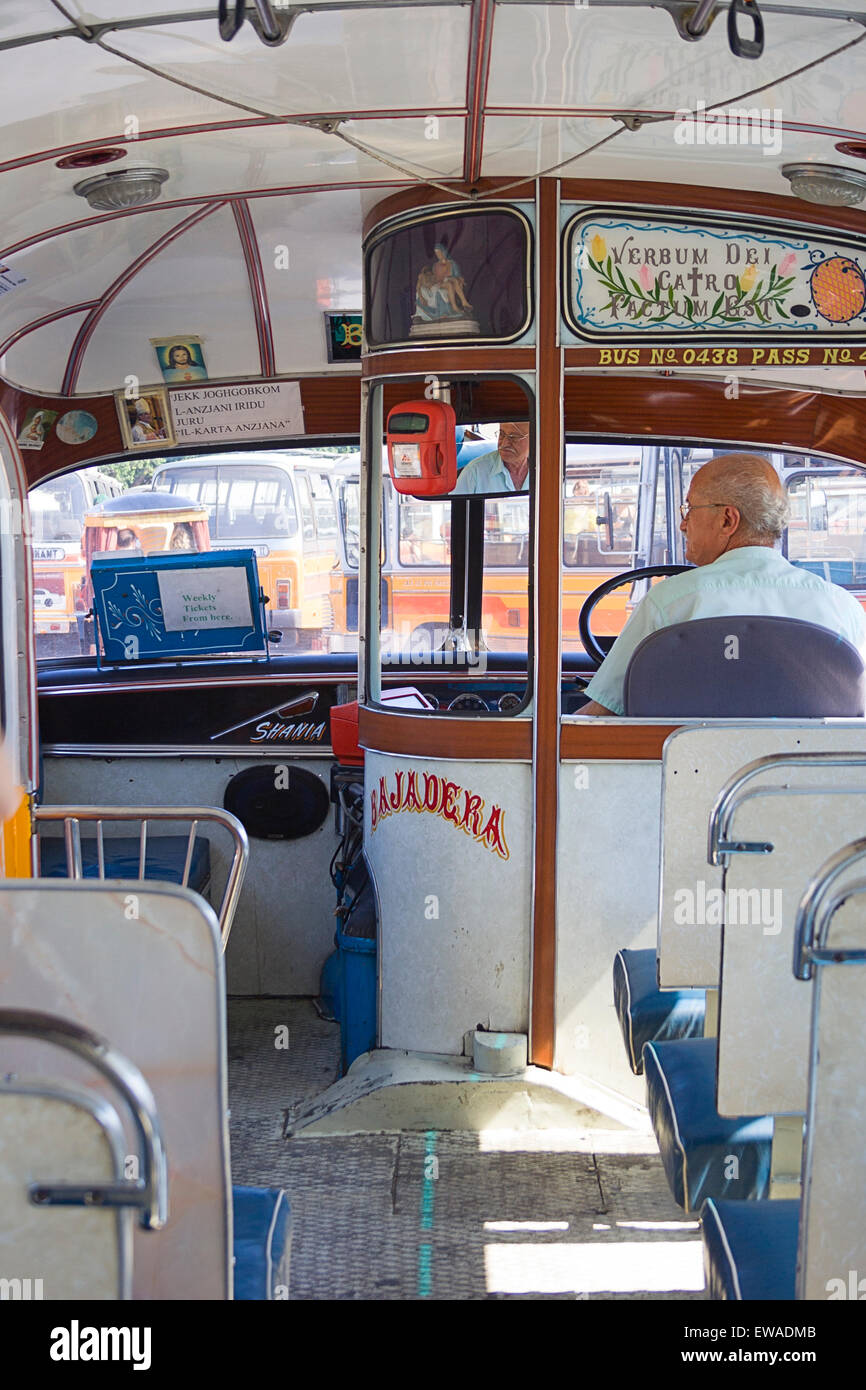 Inside view of Maltese colourful yellow and orange bus, now ...