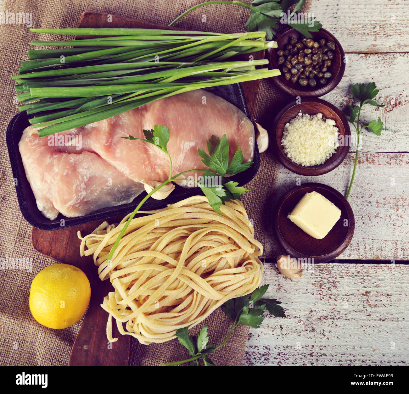 Cooking Ingredients With Chicken Fillets And Pasta Stock Photo - Alamy