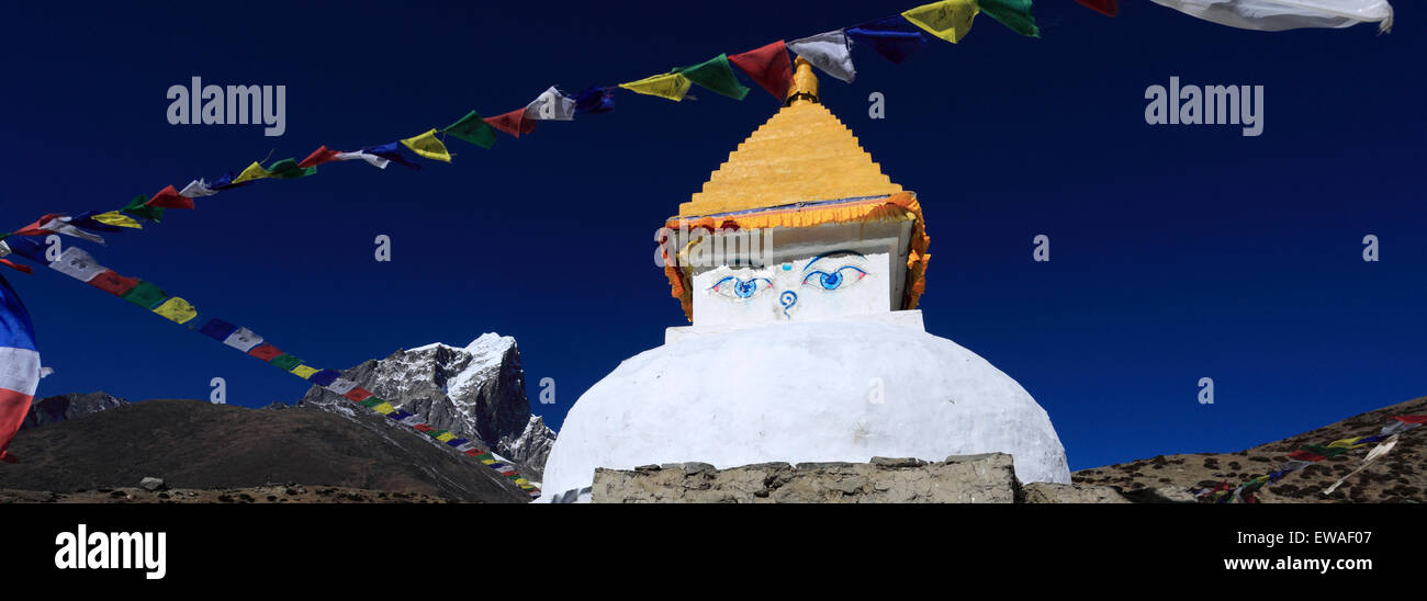Buddhist Stupa with Prayer flags, Dingboche village, Imja Khola river ...