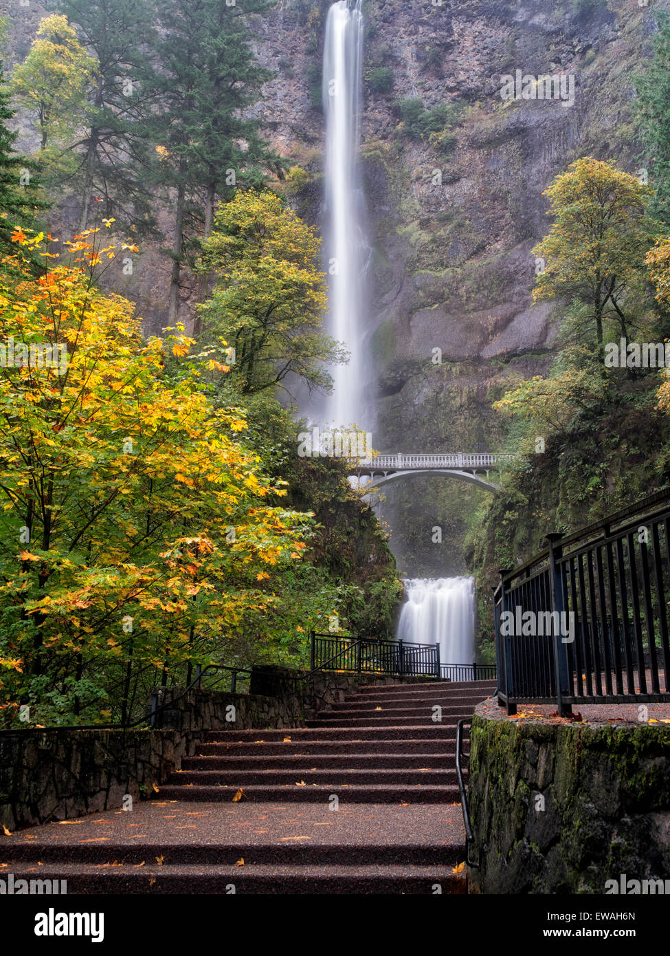 Multnomah Falls. with pathway and fall color. Columbia River Gorge ...