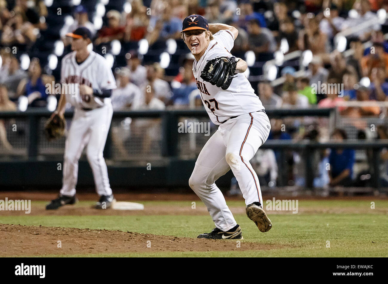 June 20, 2015: Virginia relief pitcher Josh Sborz #27 reacts after the ...