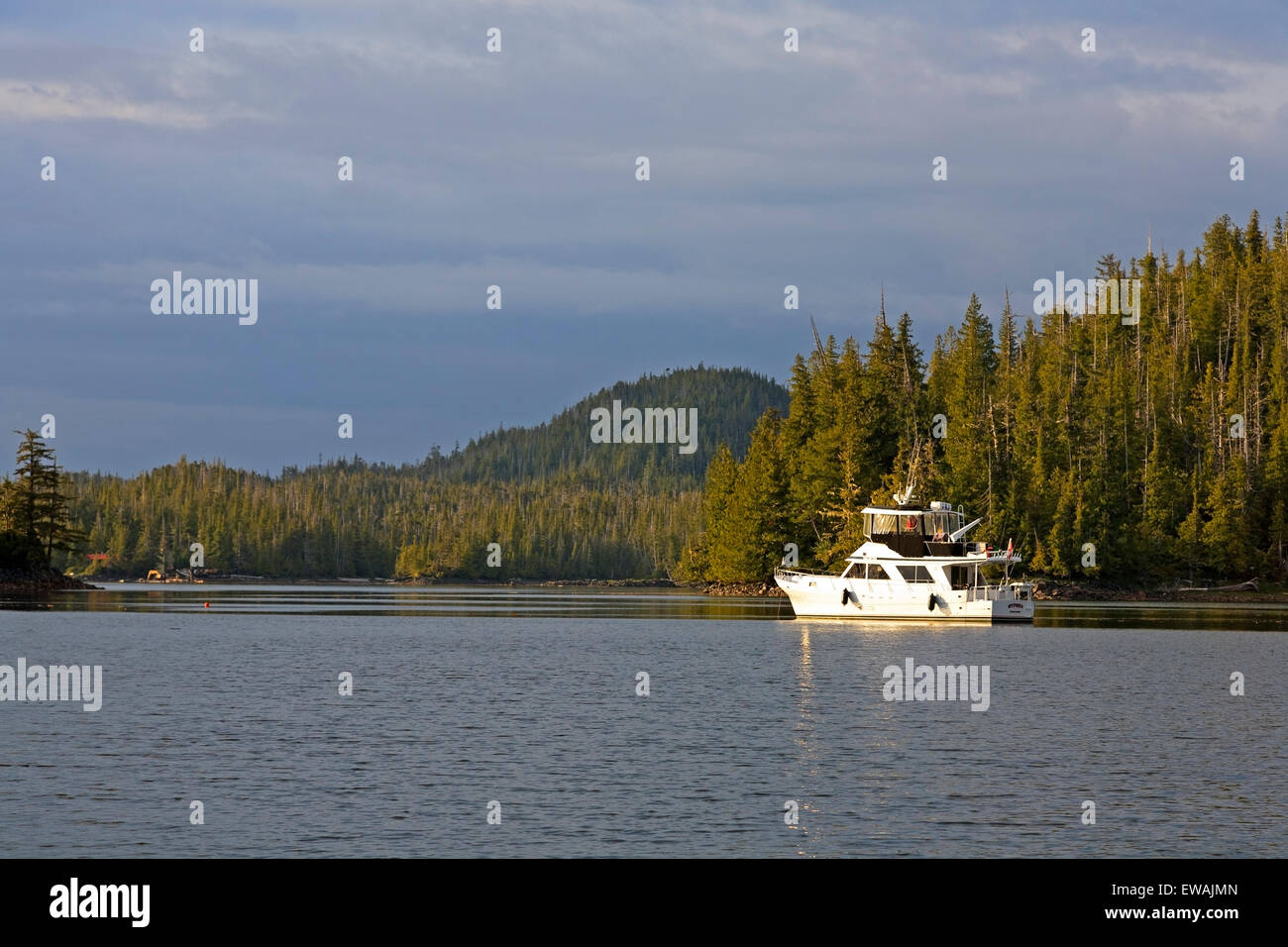 Pleasure boat anchored in Hunt's Inlet, Porcher Island, British ...