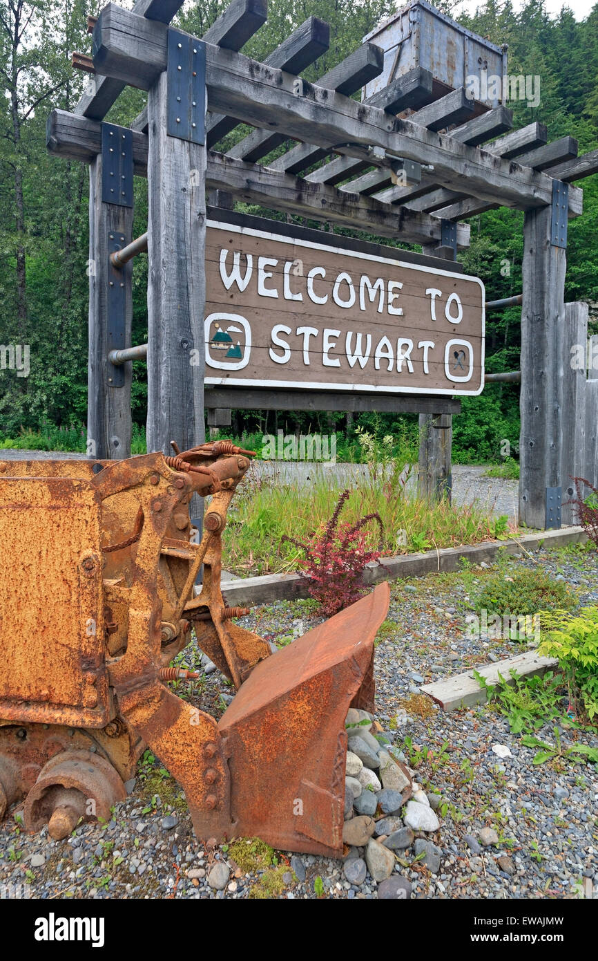 Old mining theme Welcome sign at Stewart,, British Columbia Stock Photo ...