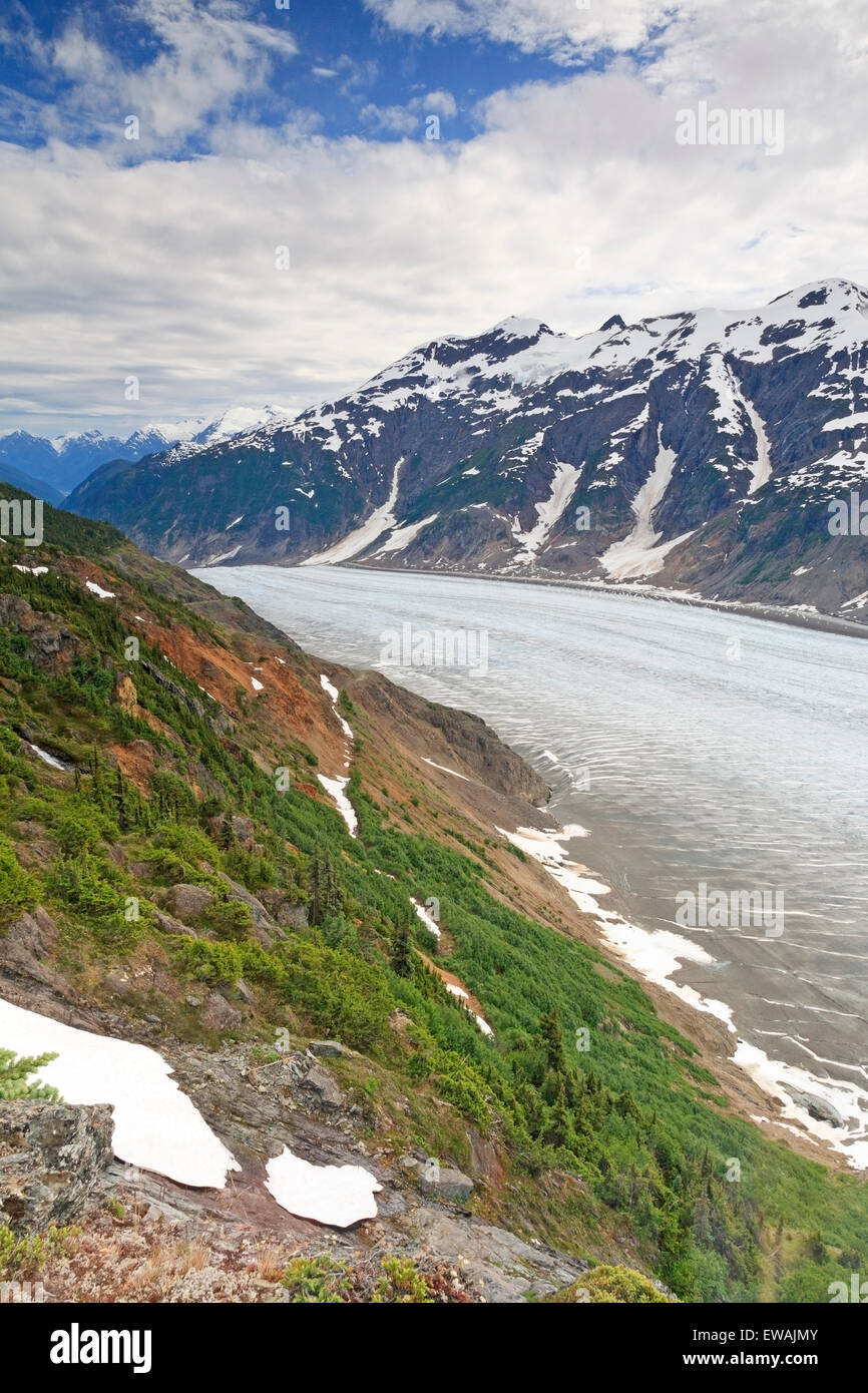 View of Salmon Glacier with old mining exploration drilling site ...