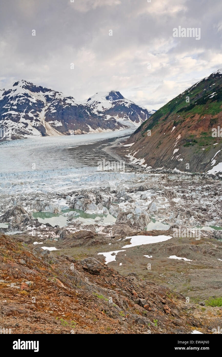 Arm of the Salmon Glacier with icebergs floating in Summit Lake ...