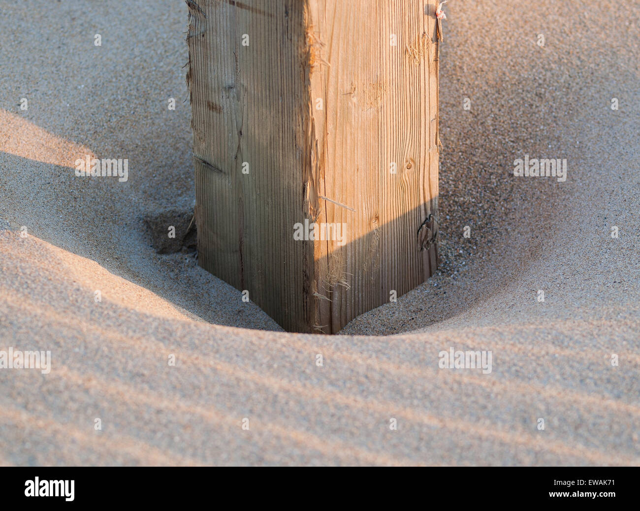Wooden post buried in the sand on the beach Stock Photo - Alamy