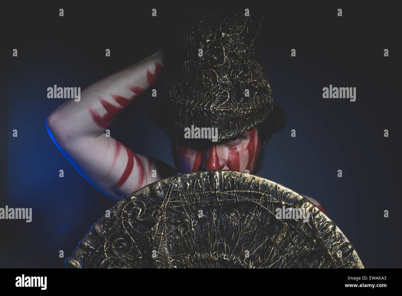 Soldier, bearded man warrior with metal helmet and shield, wild Viking ...