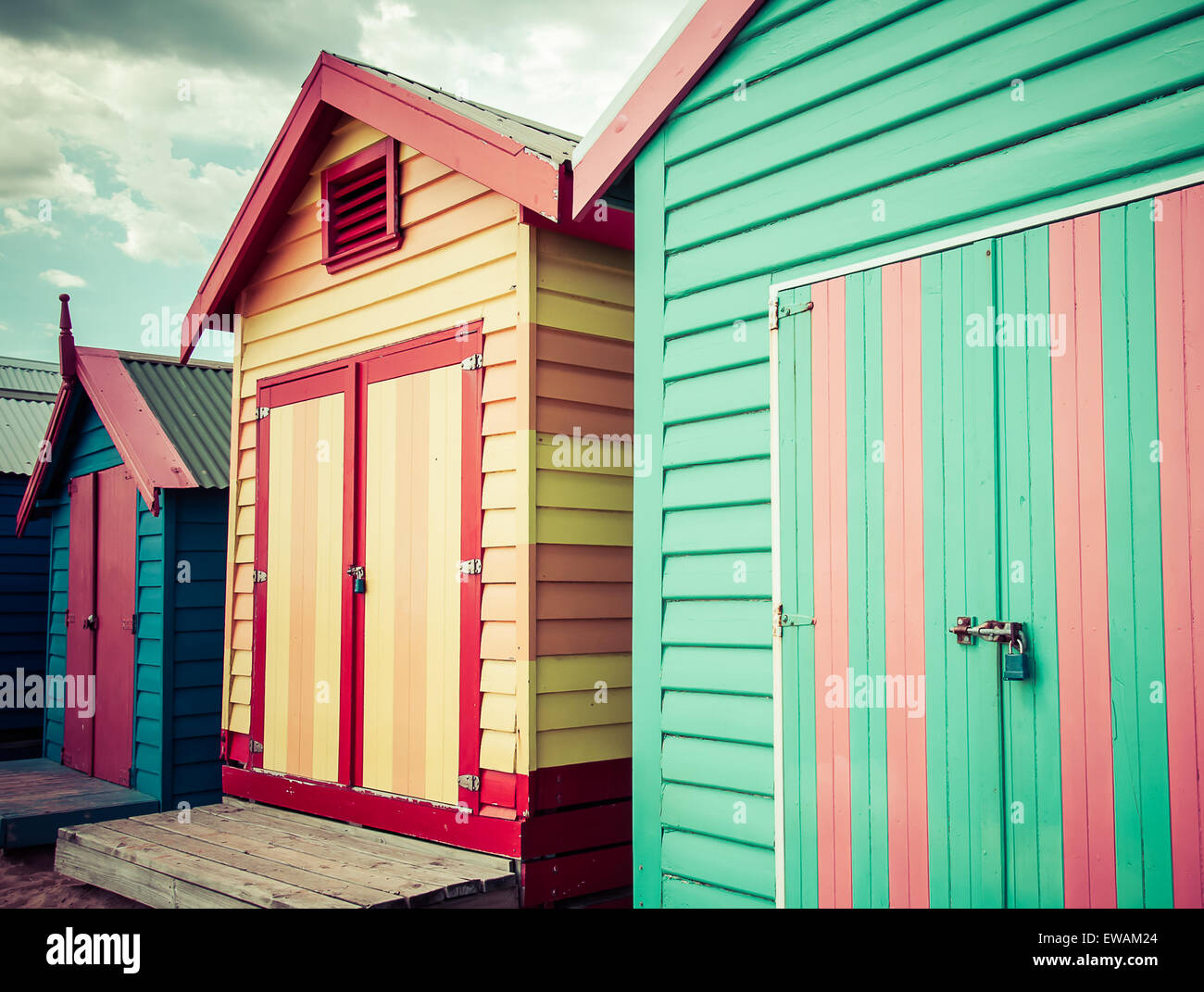 Bathing houses at Brighton Beach, Australia. View of colorful beach ...