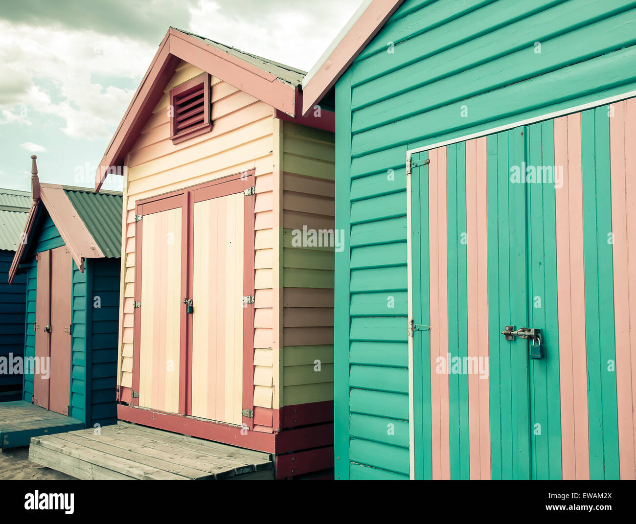 Bathing houses at Brighton Beach, Australia. View of colorful beach ...