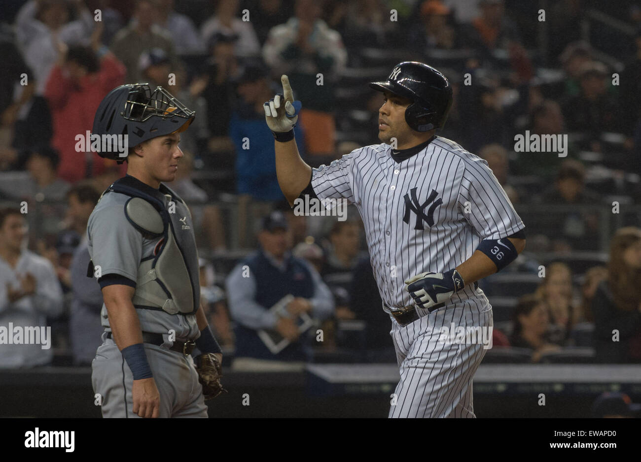 Bronx, NY, USA. 20th June, 2015. Yankees' CARLOS BELTRAN hits a solo ...