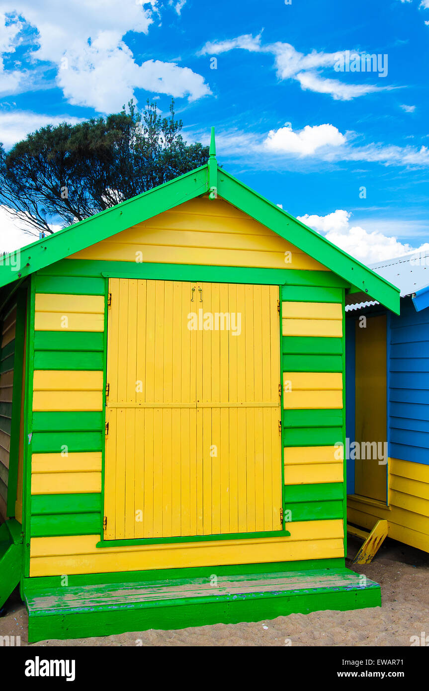 Bathing houses at Brighton Beach, Australia. View of colorful beach ...