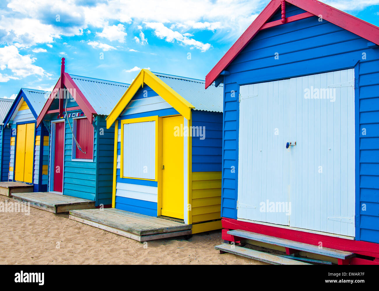 Bathing houses at Brighton Beach, Australia. View of colorful beach ...