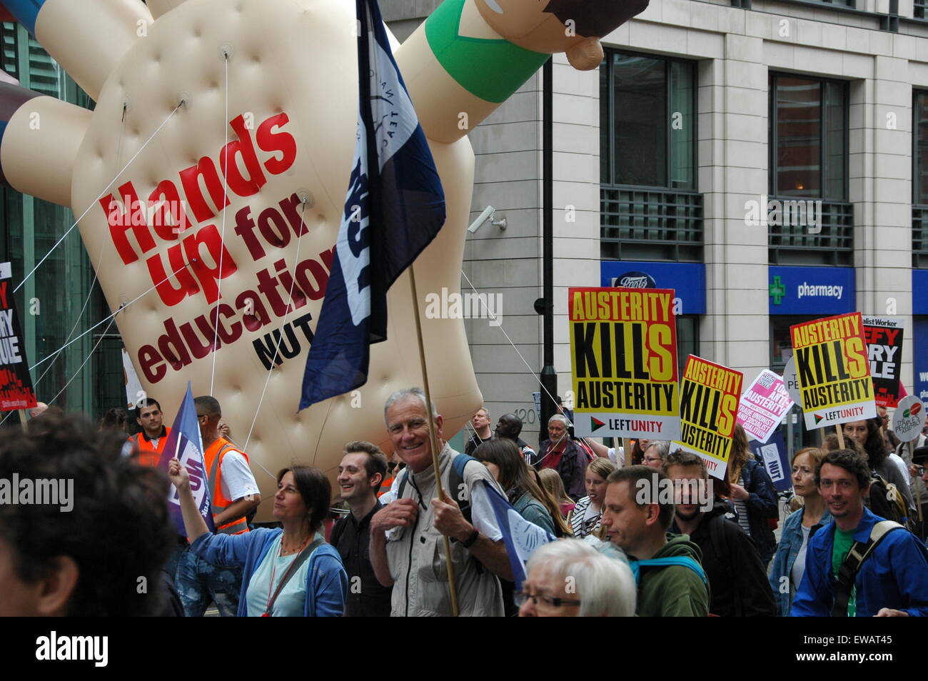 Giant inflatable hand with slogan 'Hands Up for Education - NUT' during ...