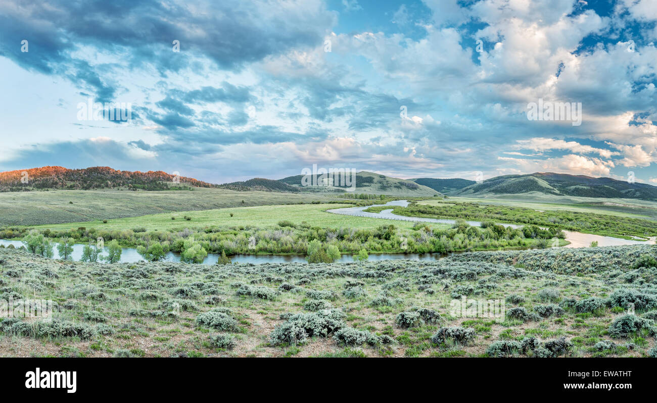 dusk over North Platte River in Colorado North park above Northgate ...