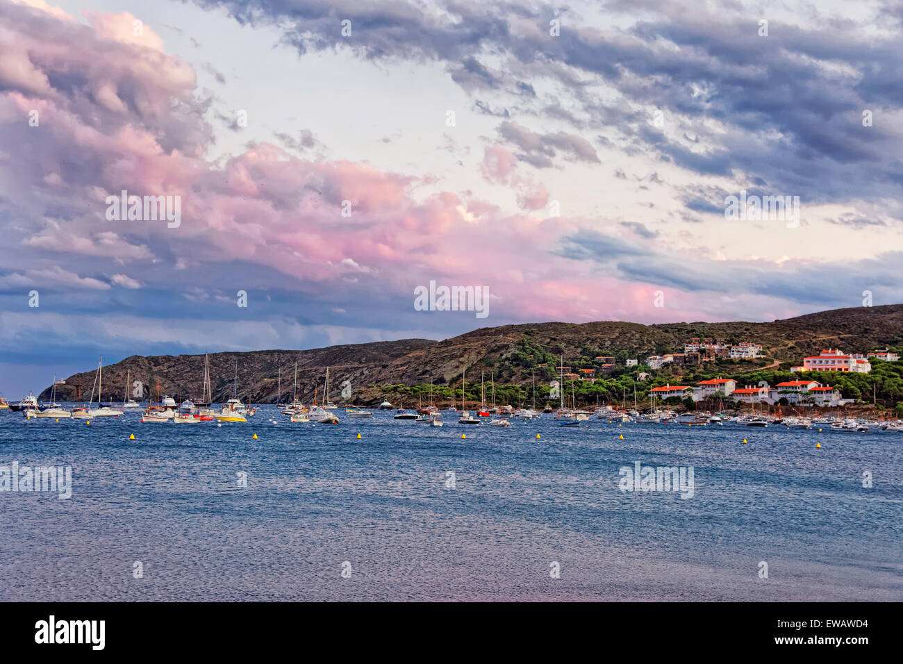 Cadaques harbor and cityscape in summer evening at stormy weather Stock ...