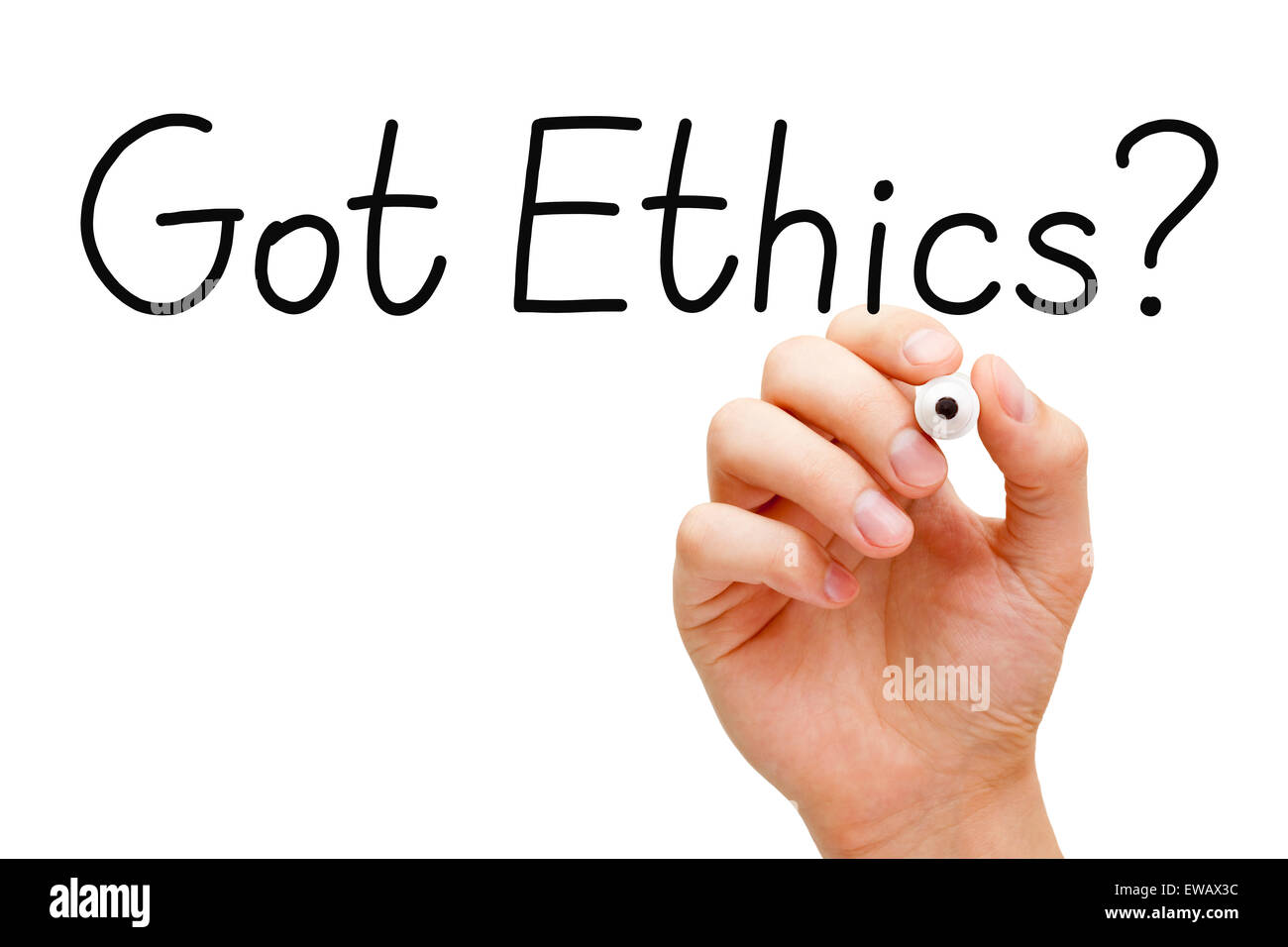 Hand writing Got Ethics? question with black marker on transparent wipe ...