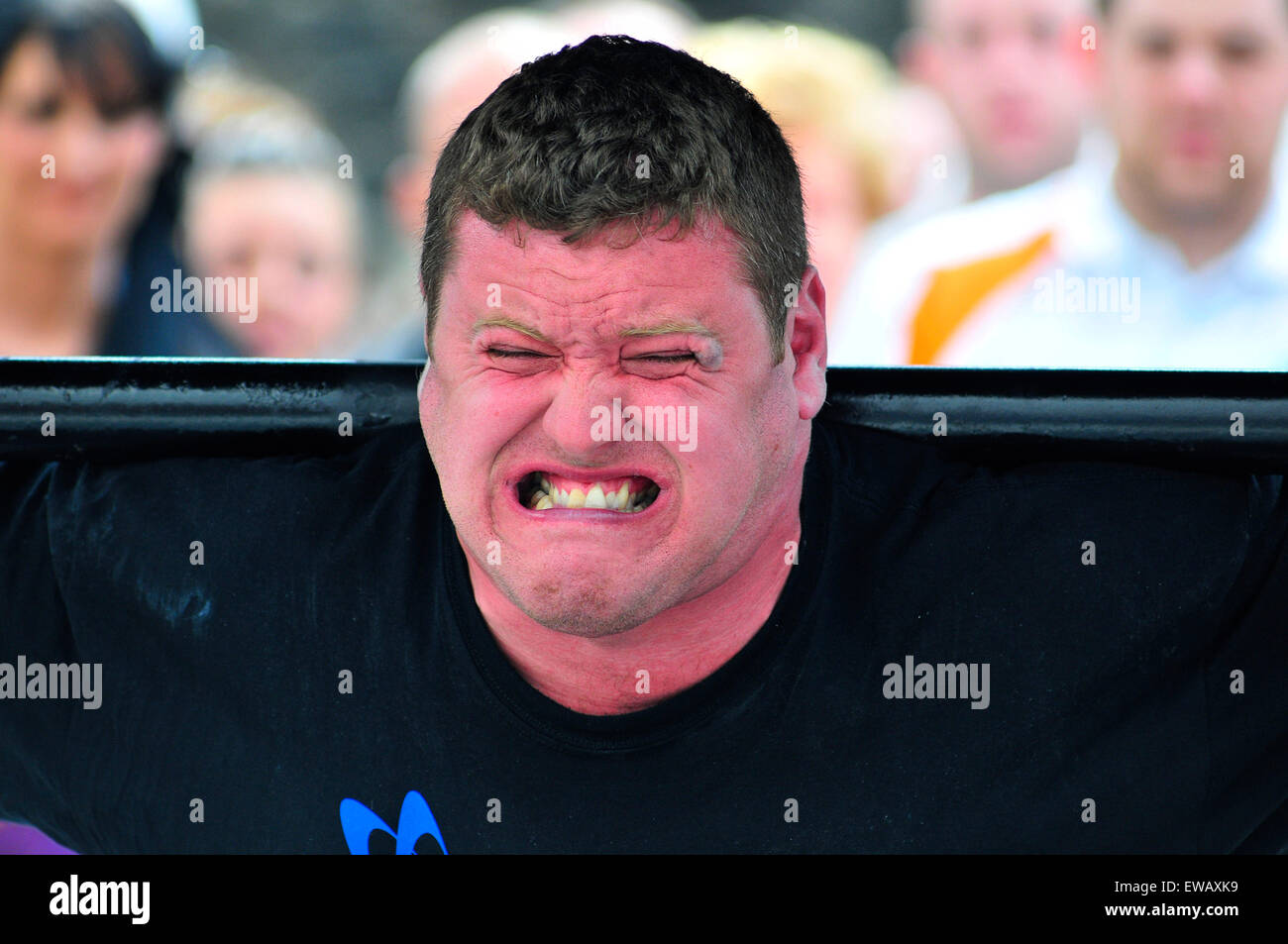 Tension on face of competitor lifting weights in the Ireland's ...